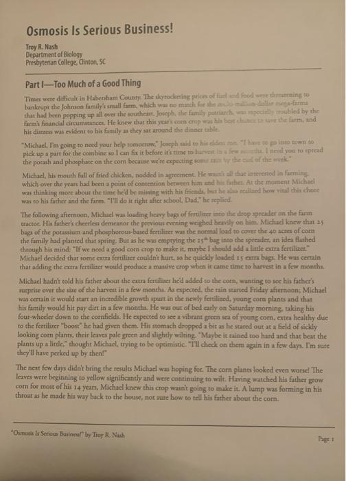 Osmosis Is Serious Business! Troy R. Nash Department | Chegg.com