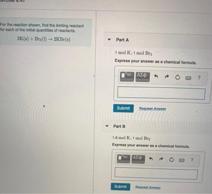Solved For the reaction shown, find the limiting reactant | Chegg.com
