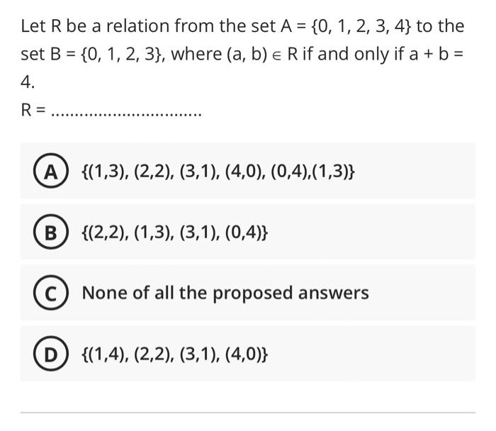 Solved Let R be a relation from the set A={0,1,2,3,4} to the | Chegg.com