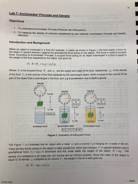 Solved 15 Lab 7: Archimedes' Principle and Density | Chegg.com