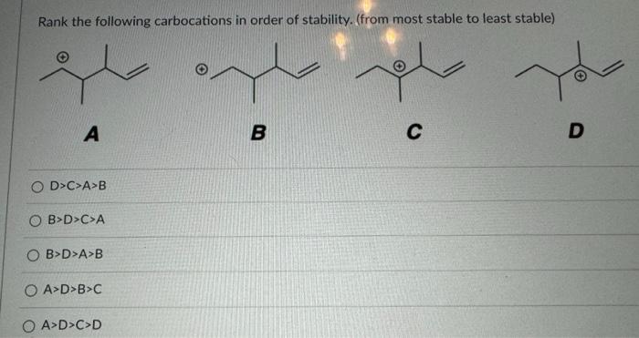 [Solved]: Rank the following carbocations in order of stabi