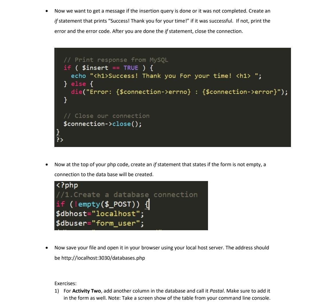 Solved Activity Two: PHP Forms and Inserting Information to | Chegg.com