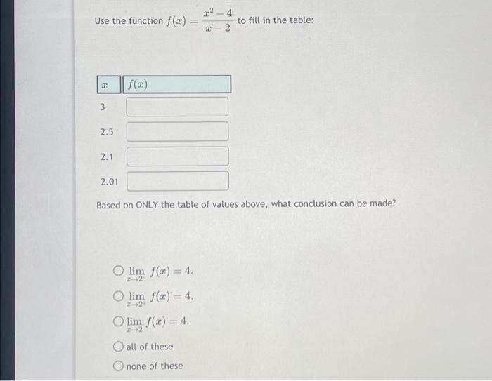 Solved Use the function f(x) = = X 3 2.5 2.1 2.01 f(x) O lim | Chegg.com