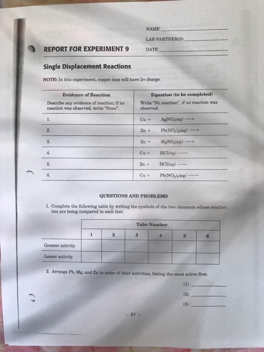 Solved NAME LAB PARTNER(S) REPORT FOR EXPERIMENT 9 DATE | Chegg.com