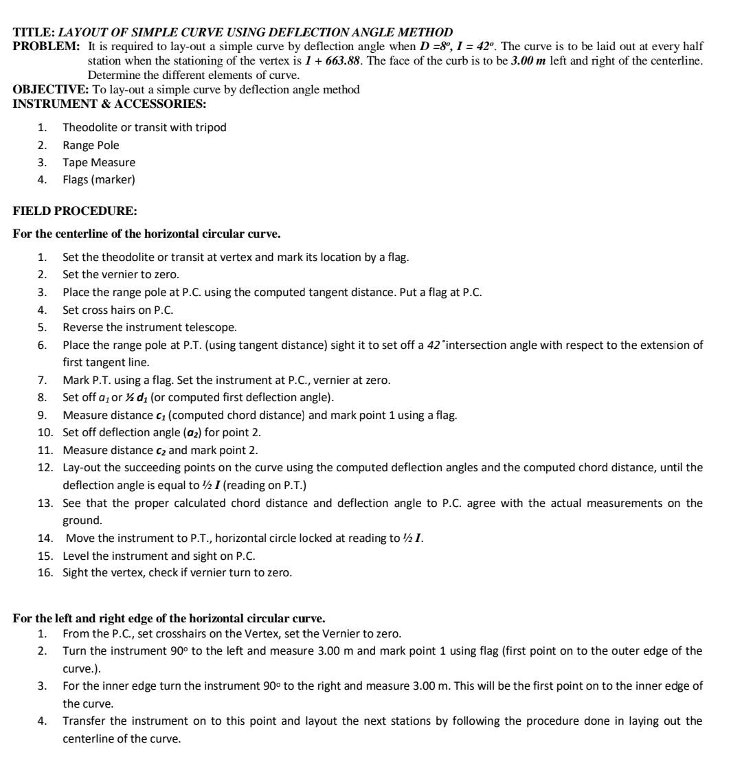 Solved TITLE: LAYOUT OF SIMPLE CURVE USING DEFLECTION ANGLE | Chegg.com