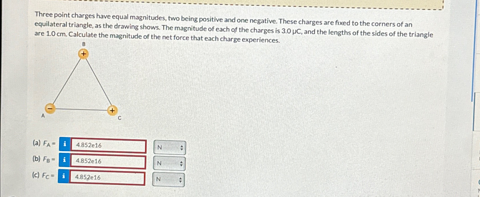 Solved Three point charges have equal magnitudes, two being | Chegg.com
