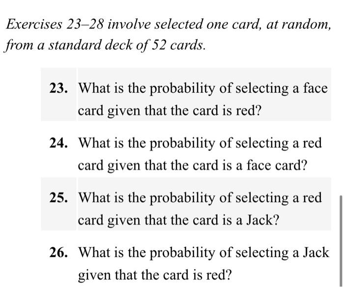 Solved Exercises 23–28 involve selected one card, at random, | Chegg.com