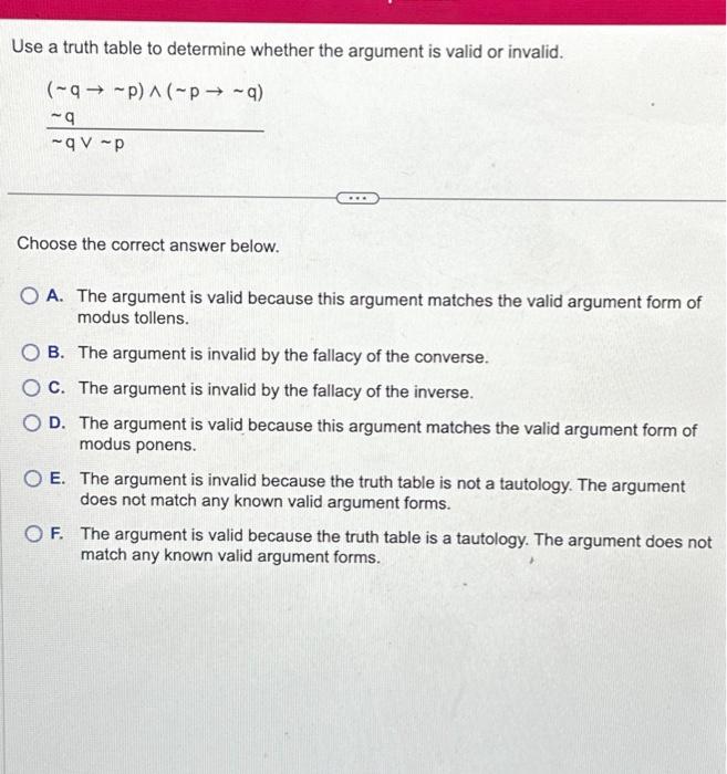 Solved Use a truth table to determine whether the argument | Chegg.com