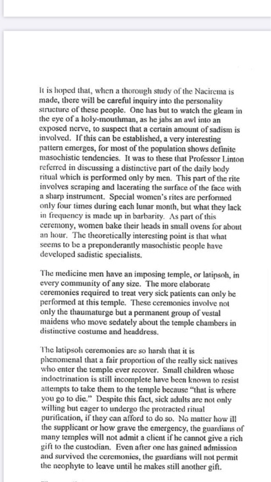 BODY RITUAL AMONG THE NACIREMA Horace Miner The | Chegg.com