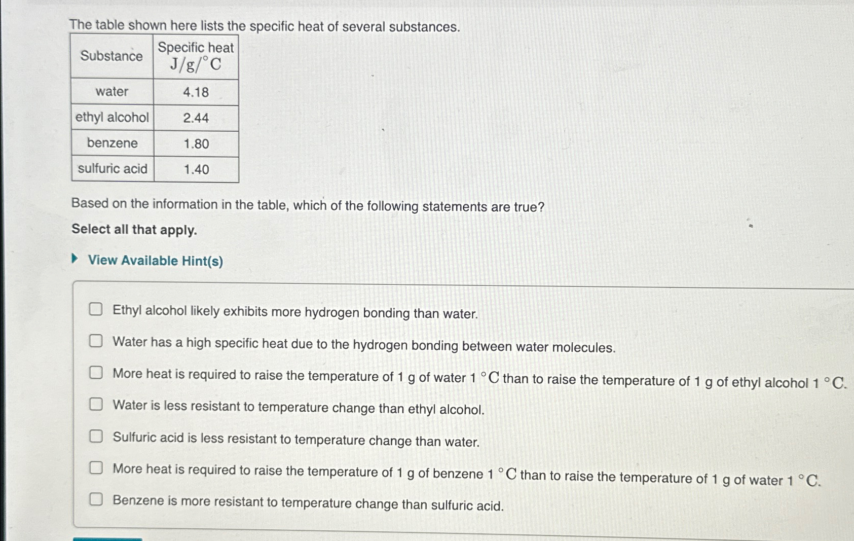 Solved The table shown here lists the specific heat of | Chegg.com