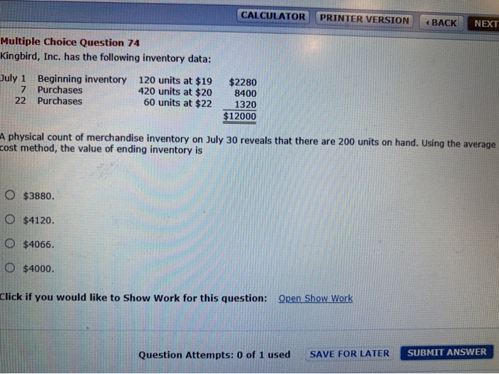 Solved CALCULATOR PRINTER VERSION BACK NEXT Multiple Choice | Chegg.com