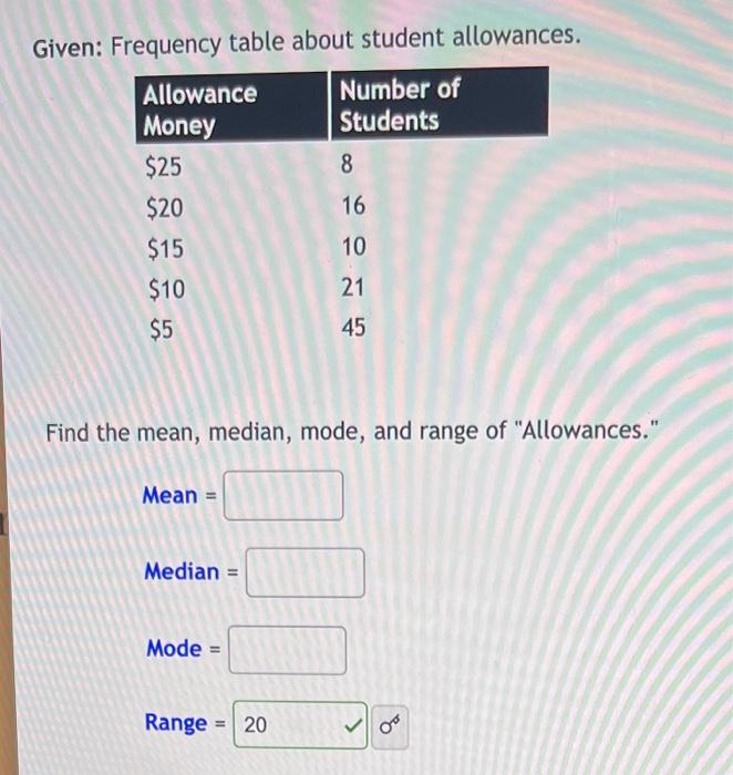 Solved Given: Frequency table about student allowances. | Chegg.com