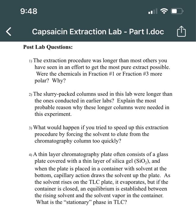 Solved 9:48 Capsaicin Extraction Lab - Part I.doc Post Lab | Chegg.com
