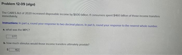 Solved The CARES Act of 2020 increased disposable income by | Chegg.com