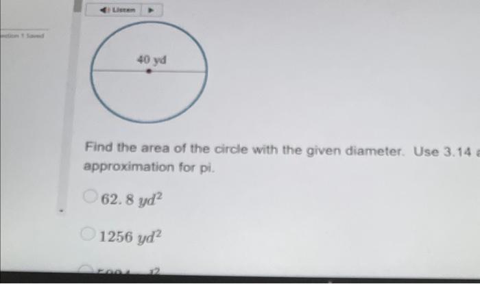 Solved Find the area of the circle with the given diameter. | Chegg.com