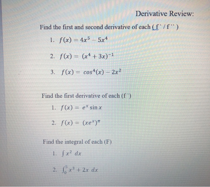 Solved Derivative Review: Find the first and second | Chegg.com
