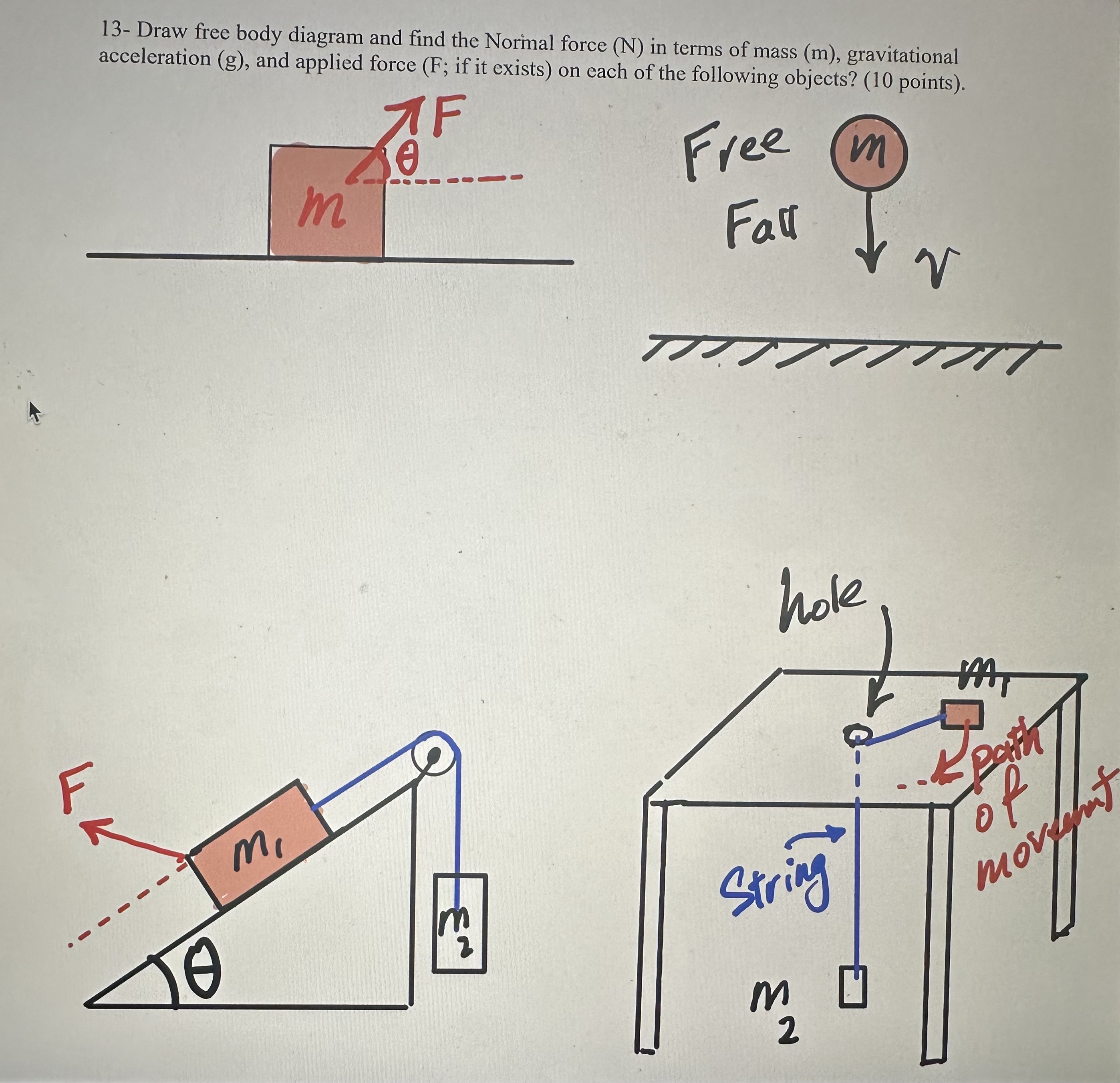 Solved 13- ﻿Draw free body diagram and find the Normal force | Chegg.com