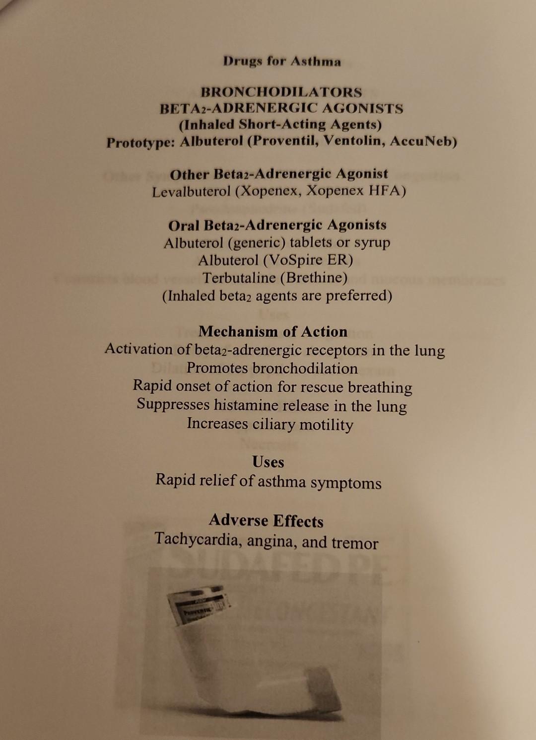 Drugs for Asthma BRONCHODILATORS BETA2-ADRENERGIC | Chegg.com