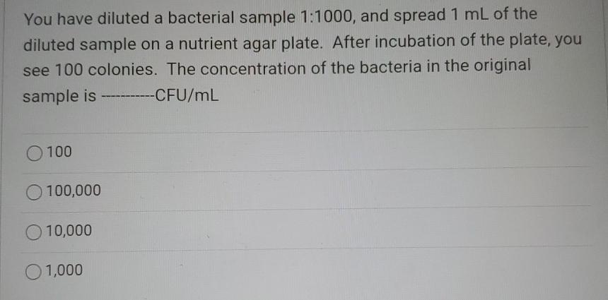Solved You have diluted a bacterial sample 1:1000, ﻿and | Chegg.com