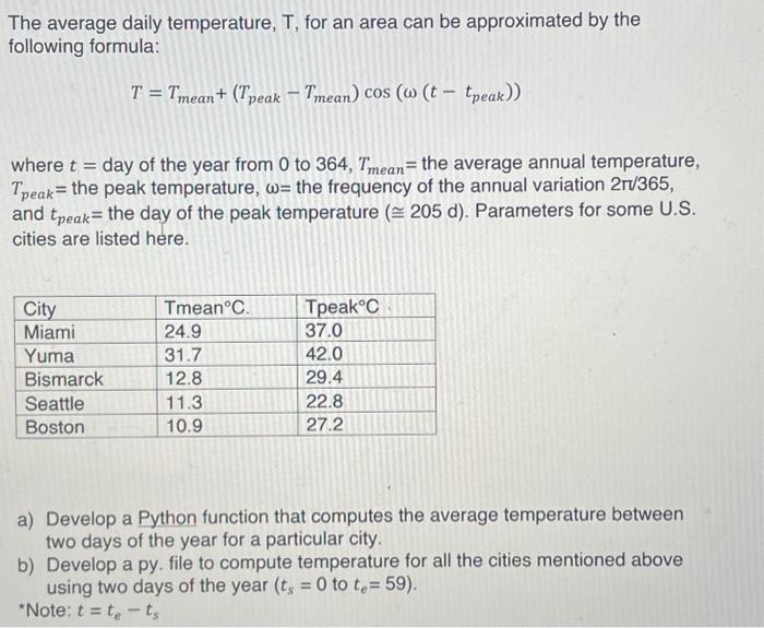 Solved The average daily temperature, T, for an area can be | Chegg.com
