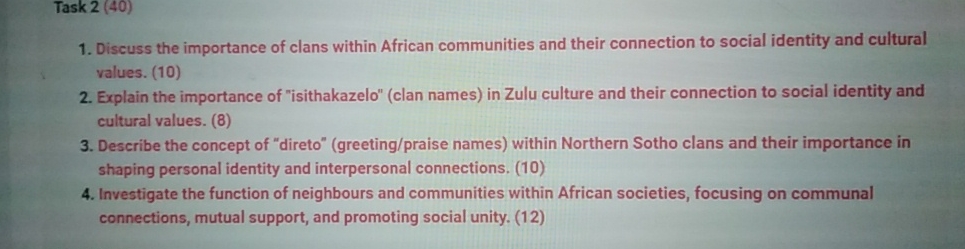 Solved Task 2 (40)Discuss the importance of clans within | Chegg.com