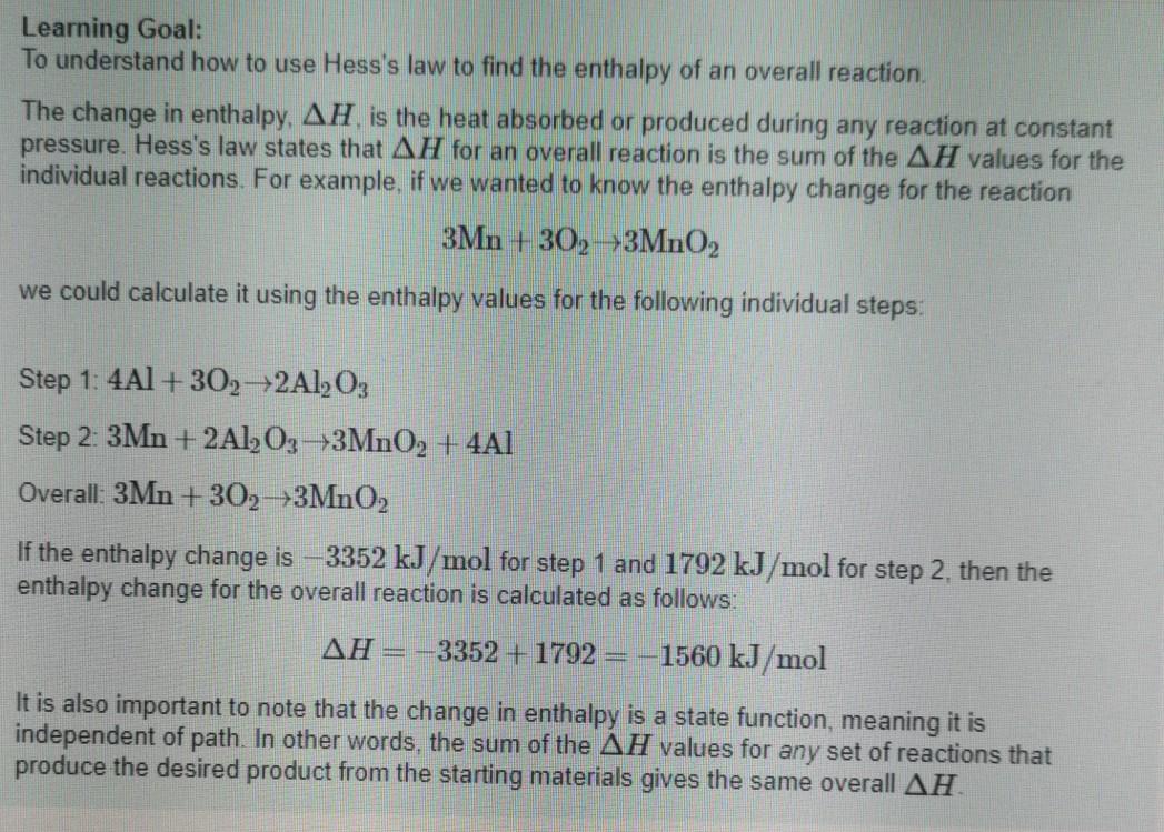 Solved Learning Goal: To understand how to use Hess's law to | Chegg.com