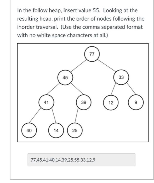 Solved In the follow heap, insert value 55 . Looking at the | Chegg.com
