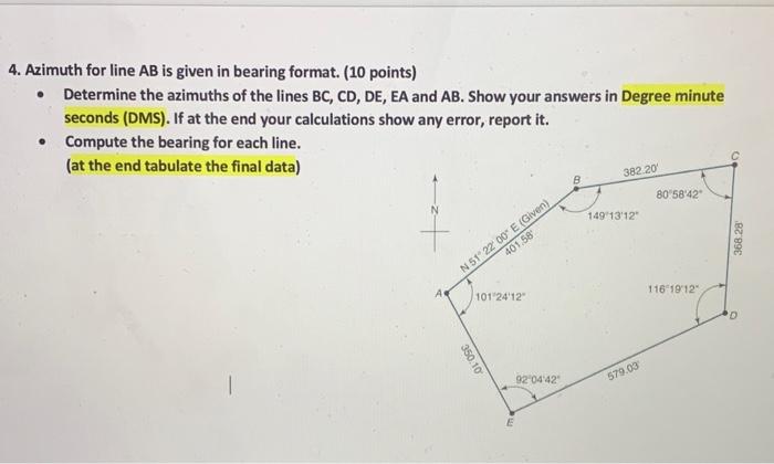 Solved 4. Azimuth for line AB is given in bearing format. | Chegg.com