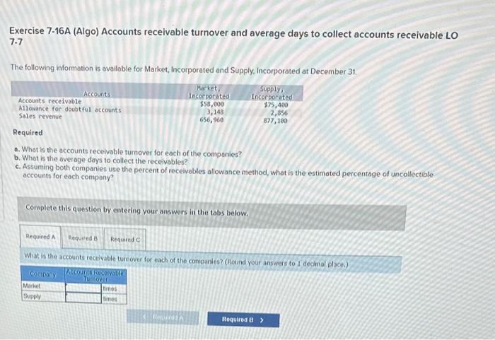 Solved Exercise 7-16A (Algo) Accounts receivable turnover | Chegg.com