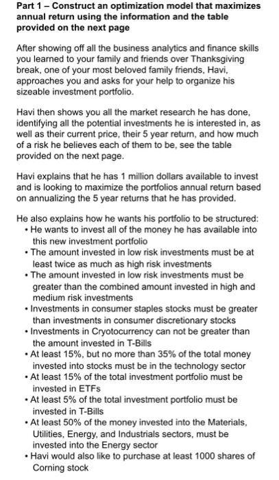 Part 1 - Construct an optimization model that | Chegg.com