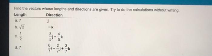 Solved Find the vectors whose lengths and directions are | Chegg.com