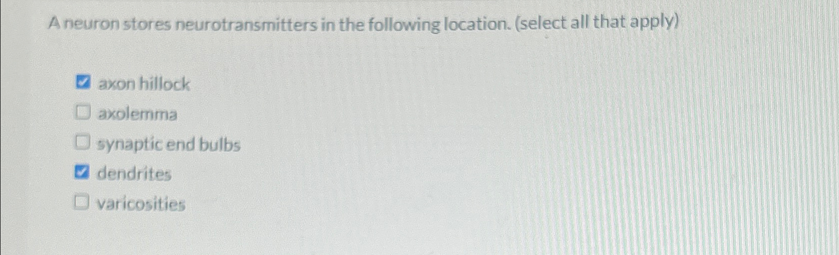 Solved A neuron stores neurotransmitters in the following | Chegg.com