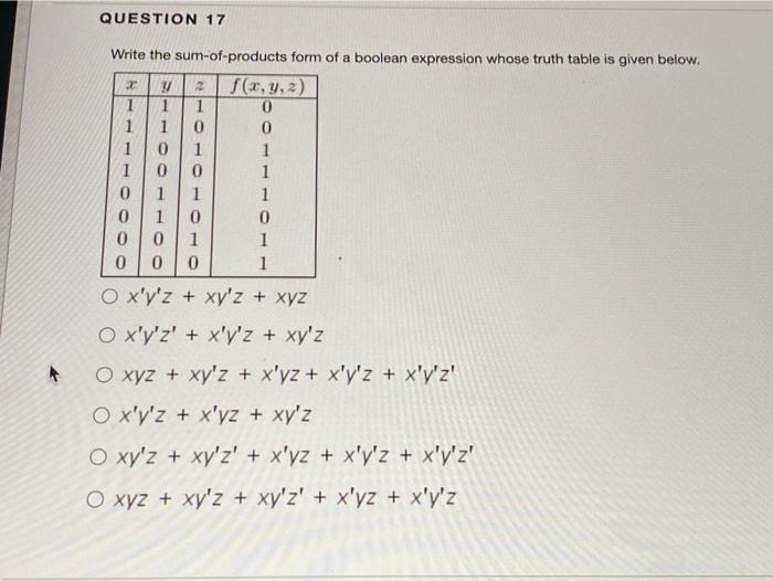 Solved QUESTION 17 2 2 Write the sum-of-products form of a | Chegg.com