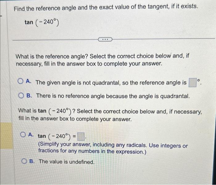 Solved Find the reference angle and the exact value of the | Chegg.com