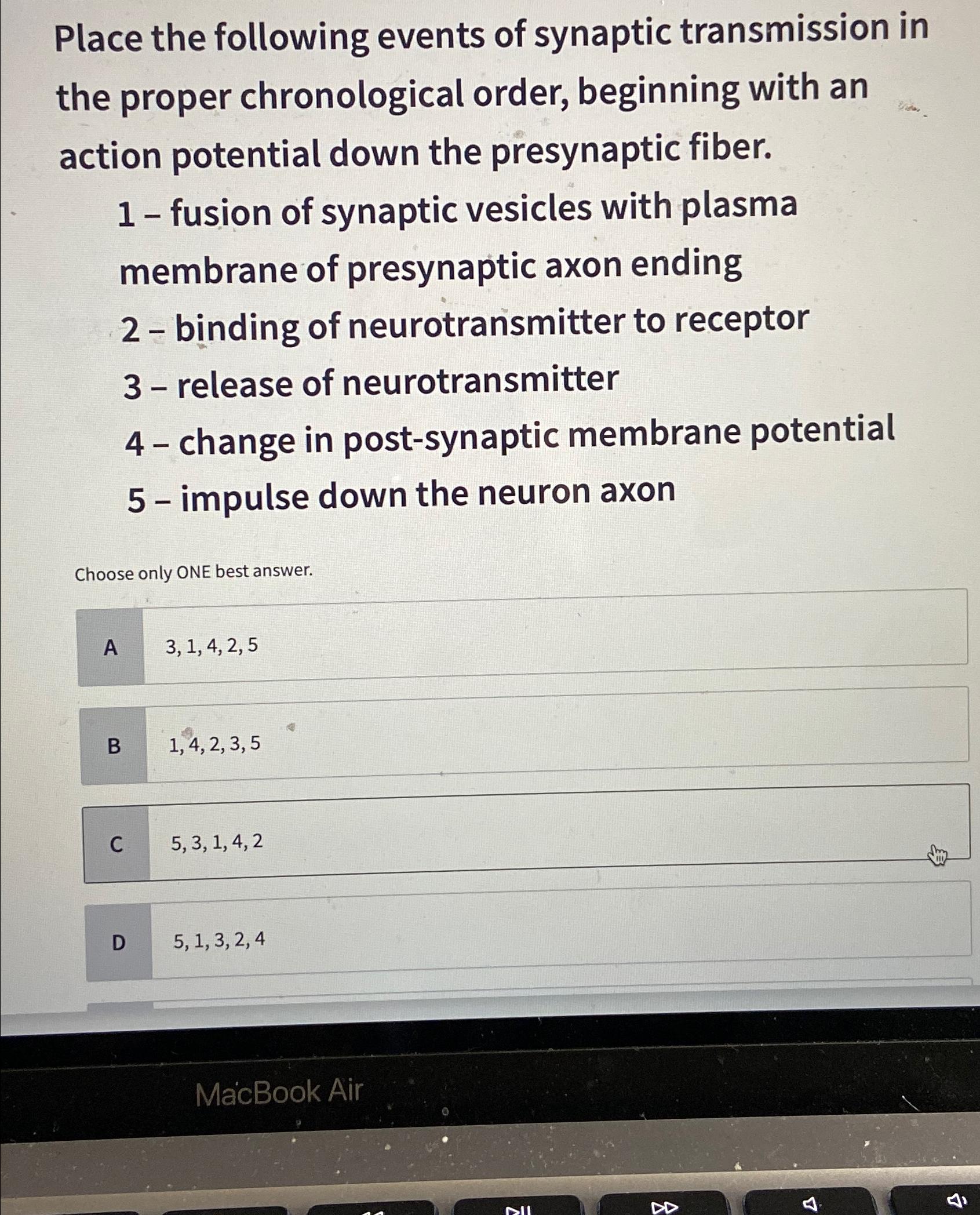 Solved Place the following events of synaptic transmission | Chegg.com