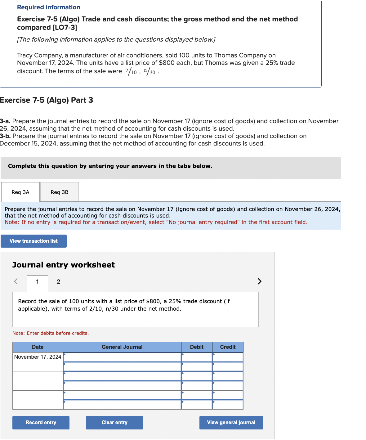 Solved Required informationExercise 7-5 (Algo) ﻿Trade and | Chegg.com