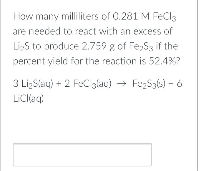 Solved How many milliliters of 0.281 M FeCl3 are needed to | Chegg.com