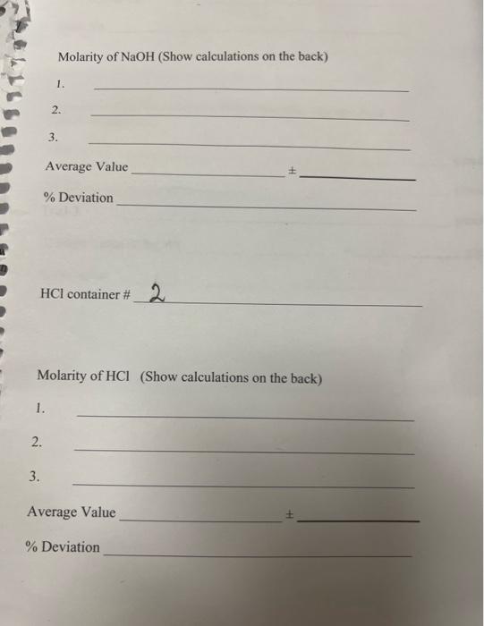 Molarity of HCl (Show calculations on the back) 1. 2. | Chegg.com