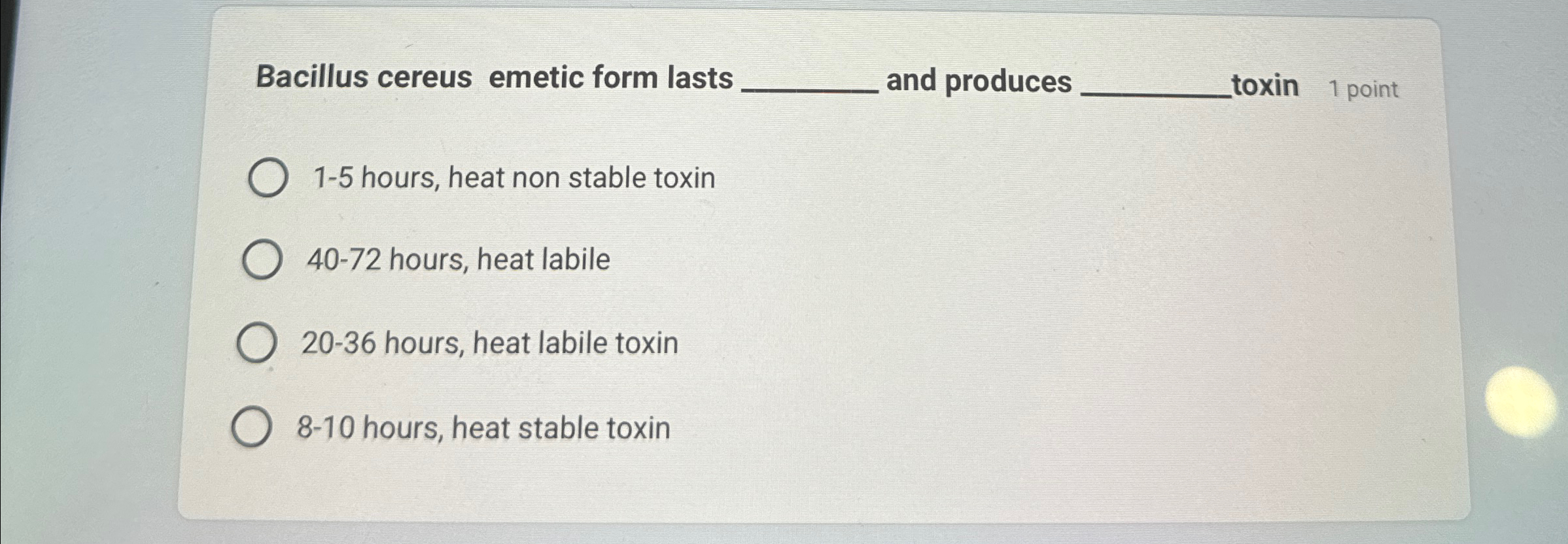 Solved Bacillus cereus emetic form lasts ﻿and produces | Chegg.com