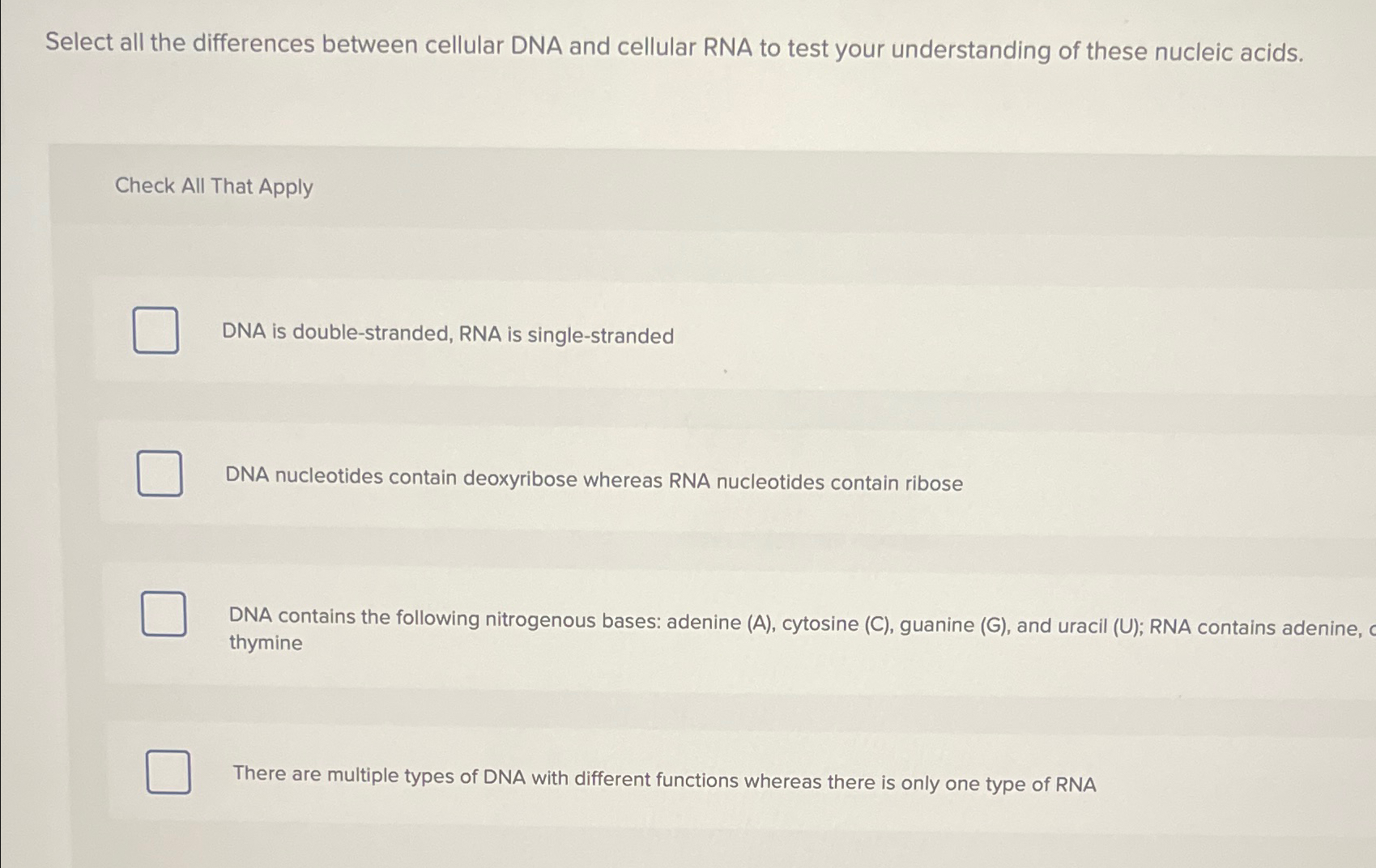 Solved Select all the differences between cellular DNA and | Chegg.com