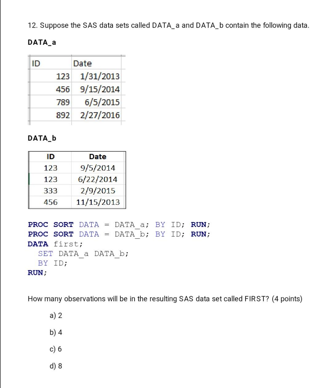 Solved 12. Suppose the SAS data sets called DATA_a and | Chegg.com
