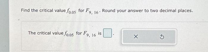 Solved Find the critical value f0.05 for F9,16. Round your | Chegg.com