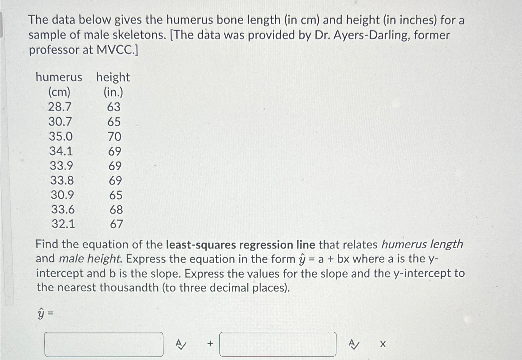 Solved The data below gives the humerus bone length (in cm ) | Chegg.com