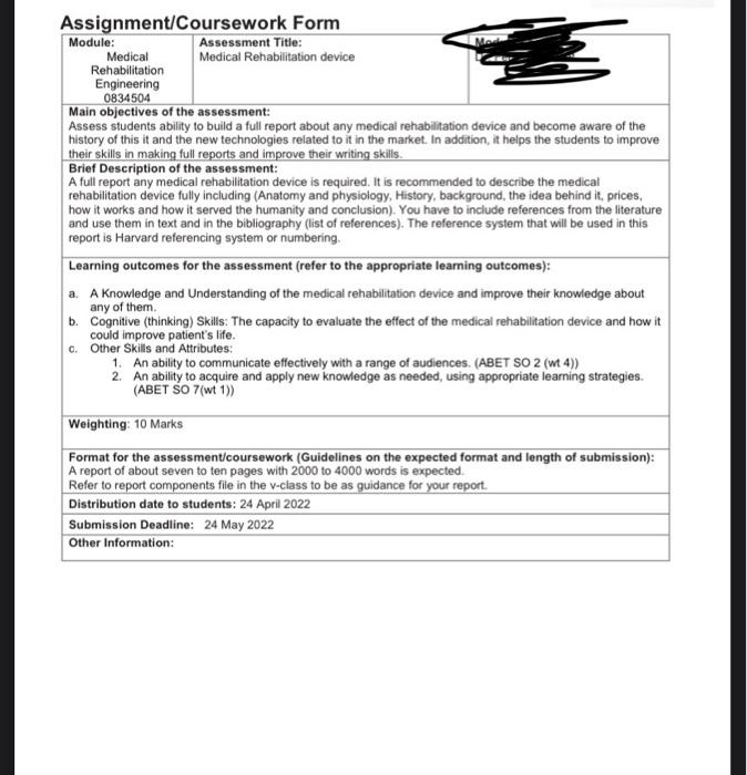 Assignment/Coursework Form Module: Assessment Title: | Chegg.com