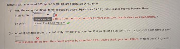 Solved Objects with masses of 105 kg and a 405 kg are | Chegg.com