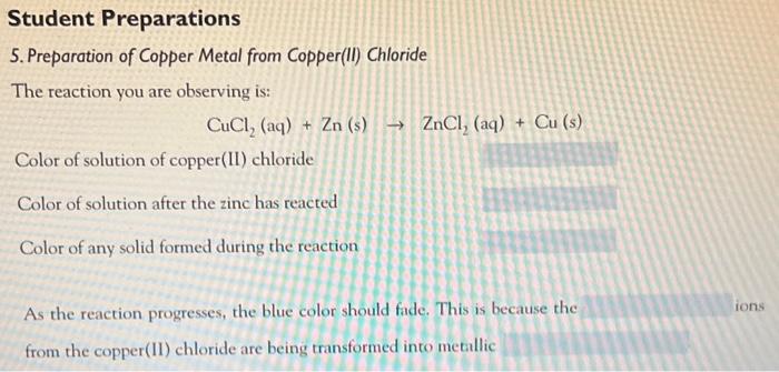 Solved Student Preparations 5. Preparation of Copper Metal | Chegg.com