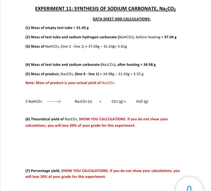 Solved EXPERIMENT 11: SYNTHESIS OF SODIUM CARBONATE, Na₂CO3 | Chegg.com