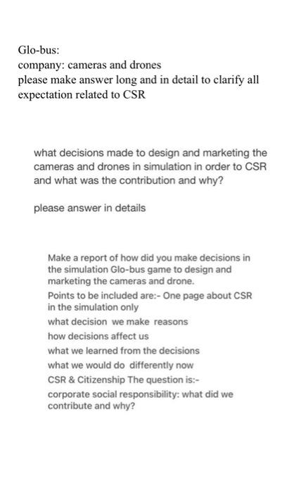 Glo-bus: company: cameras and drones please make | Chegg.com