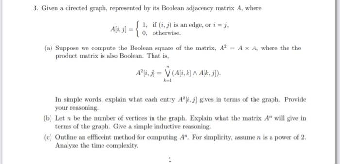 Solved 3. Given a directed graph, represented by its Boolean | Chegg.com
