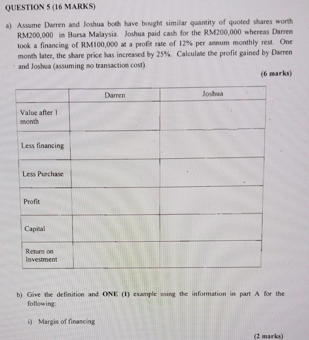 Solved QUESTION 5 (16 MARKS) a) Assume Darren and Joshua | Chegg.com